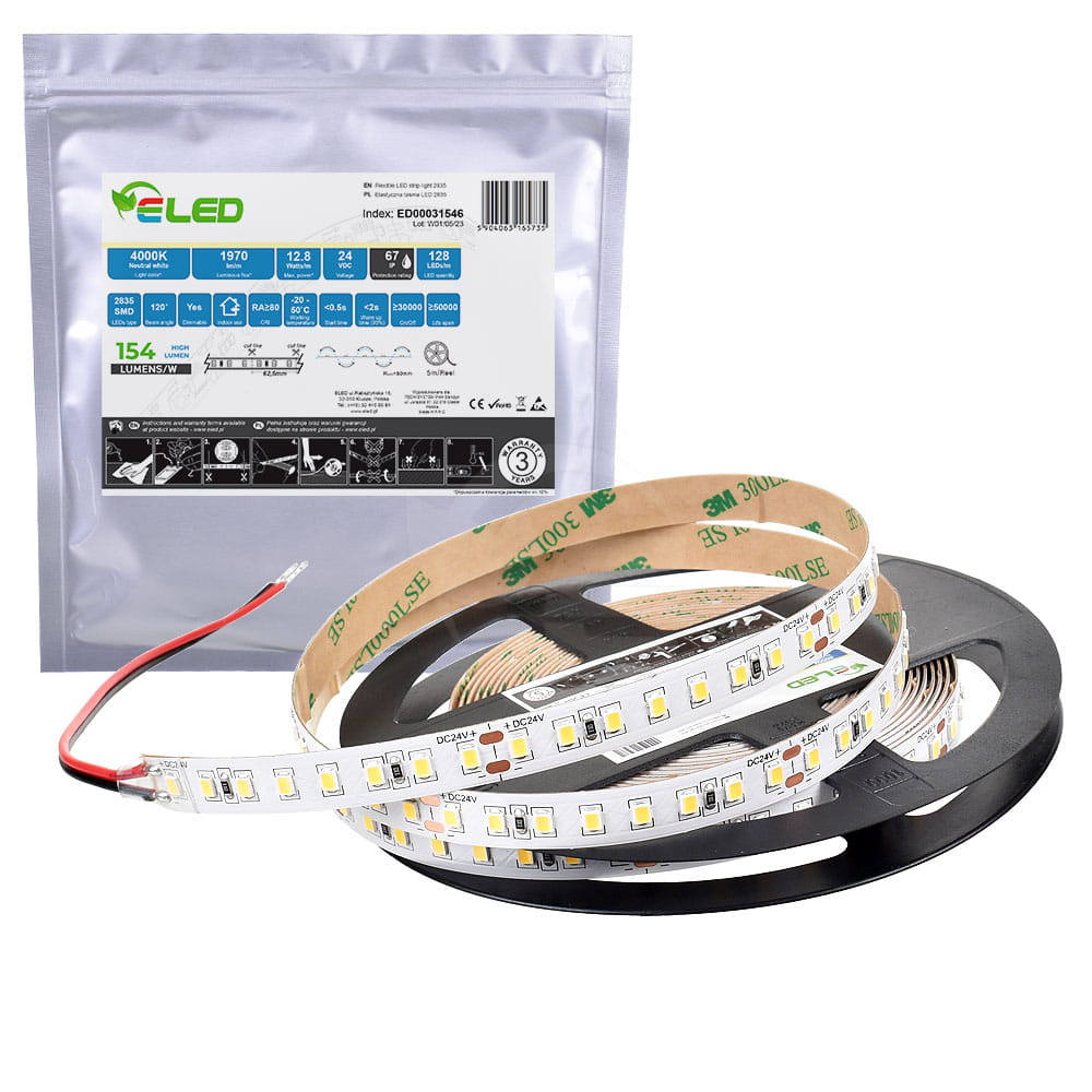 Taśma LED 640 SMD 2835 24V 12.8W 154lm/W neutralna 4000K - hermetyczna ...
